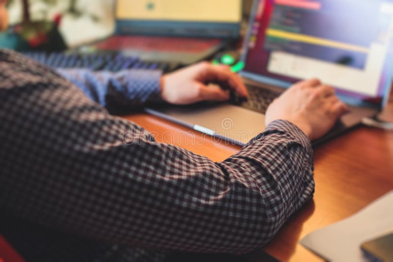 166 Man Programmer Working His Laptop Coding Programming Stock Photos ...