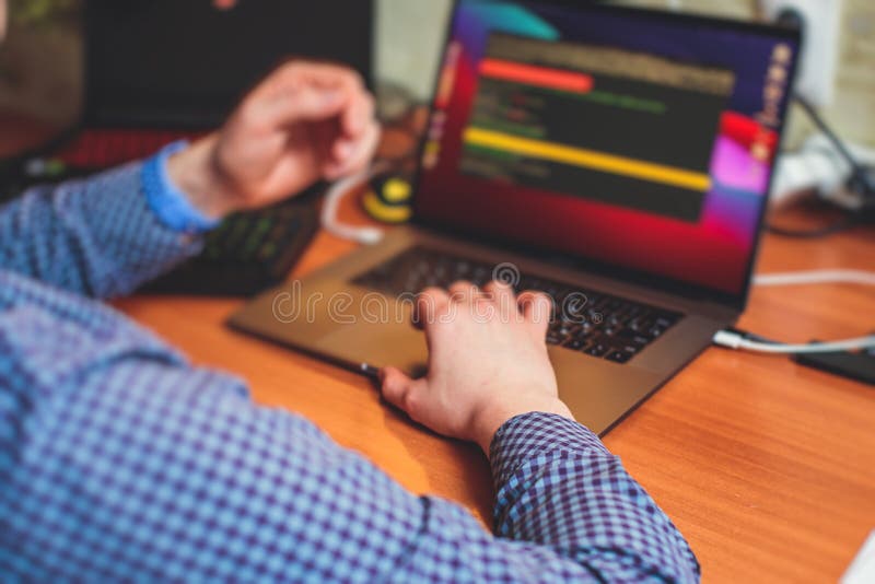 166 Man Programmer Working His Laptop Coding Programming Stock Photos ...