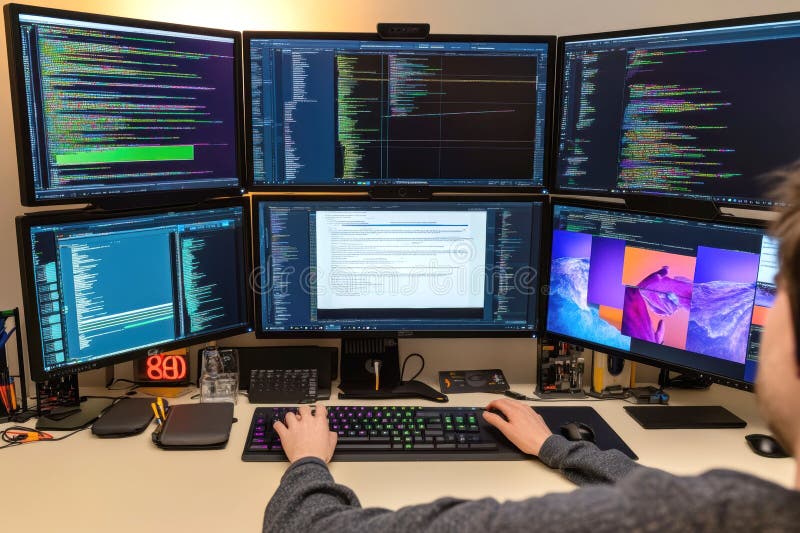 Developer S Workspace Multi Screen Computer Setup For Software Programming And Coding Stock