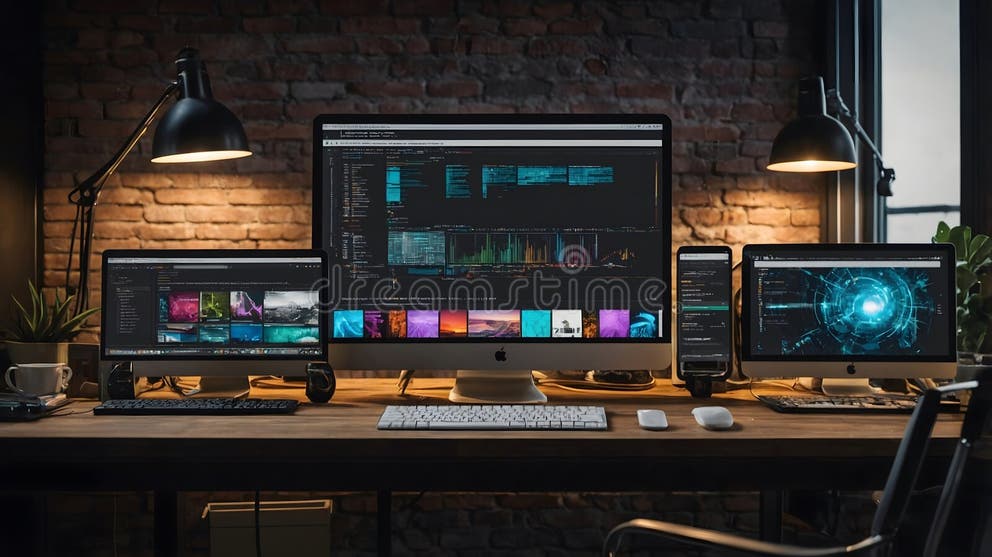 Developerâ€™s Workspace with Multiple Monitors Displaying Website ...
