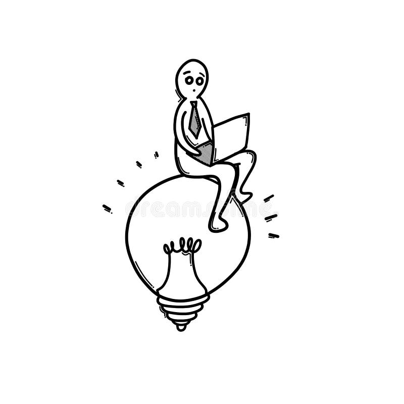 Developer Sitting on Bulb. Doodle Vector Icon. Drawing Sketch ...