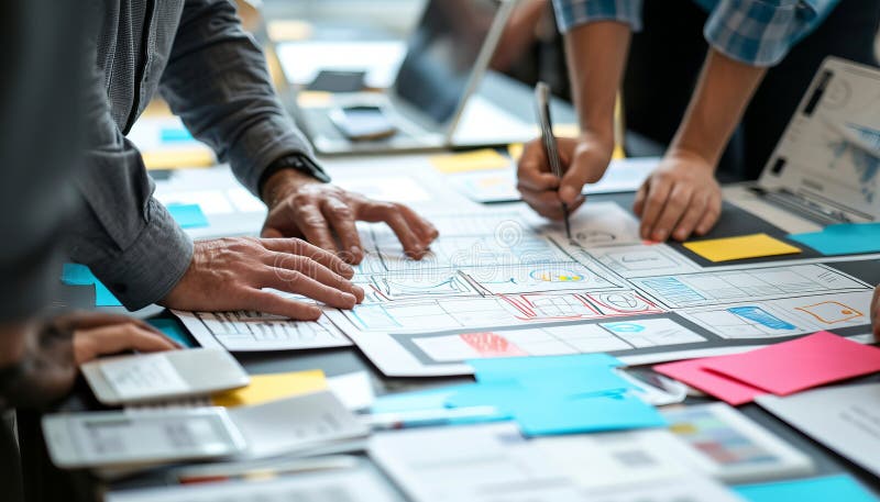 Developer Team Brainstorming UI and UX Designs for Mobile App on Paper ... Developer Team Brainstorming UI and UX Designs for Mobile App on Paper ...