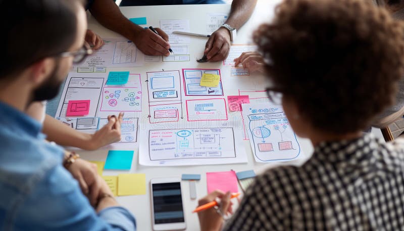 Developer Team Brainstorming UI and UX Designs for Mobile App on Paper ... Developer Team Brainstorming UI and UX Designs for Mobile App on Paper ...
