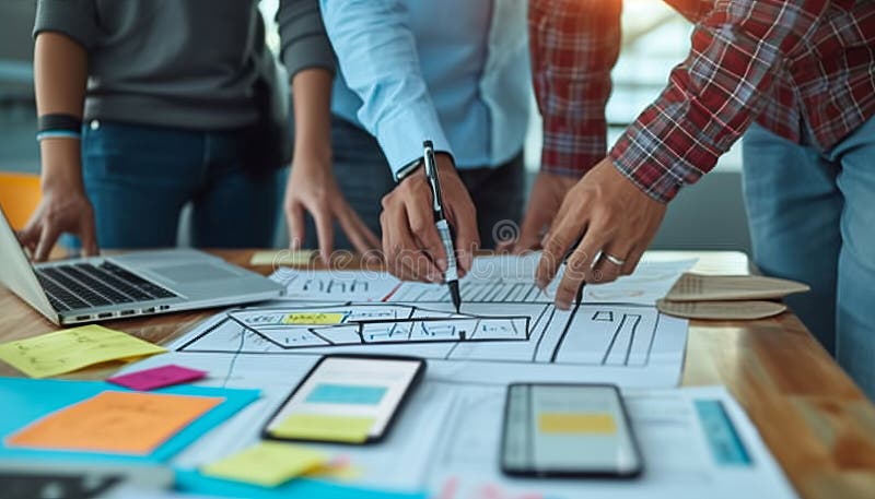 Developer Team Brainstorming UI and UX Designs for Mobile App on Paper ... Developer Team Brainstorming UI and UX Designs for Mobile App on Paper ...