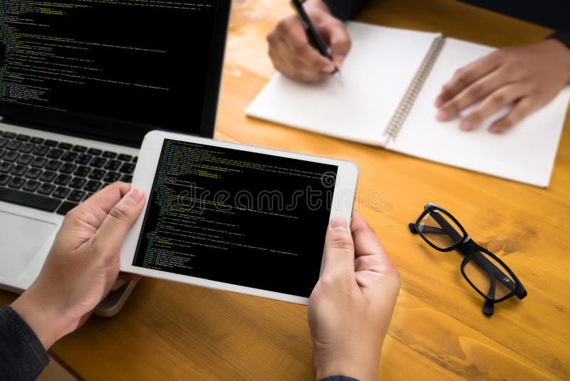 Developer Team Working Laptop Computer Mobile Application Softw Stock ...