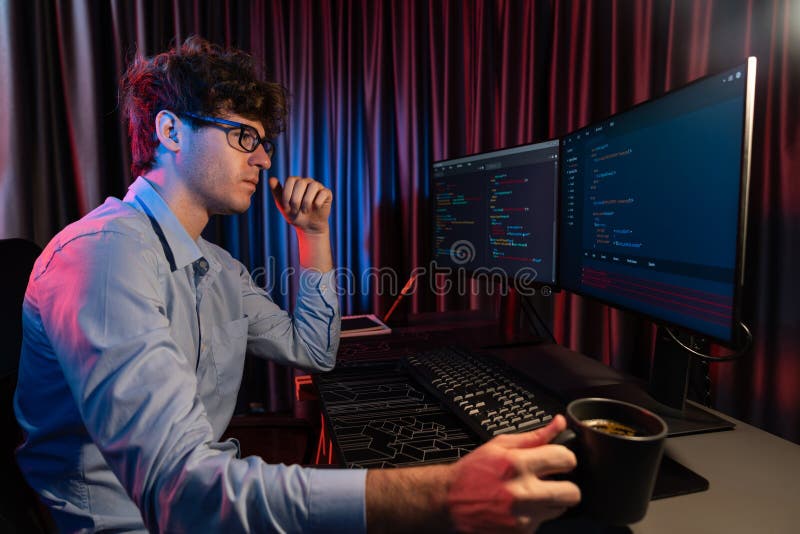 It Developer Thinking Online Software and Holding Coffee Cup. Gusher. Stock Photo - Image of ...