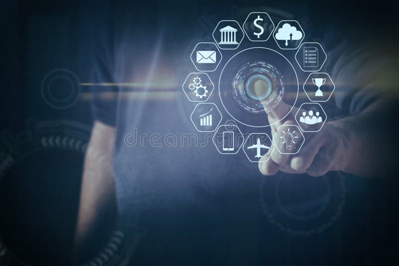 Developer Touches Virtual Screen of Charts and Projections, Business ...