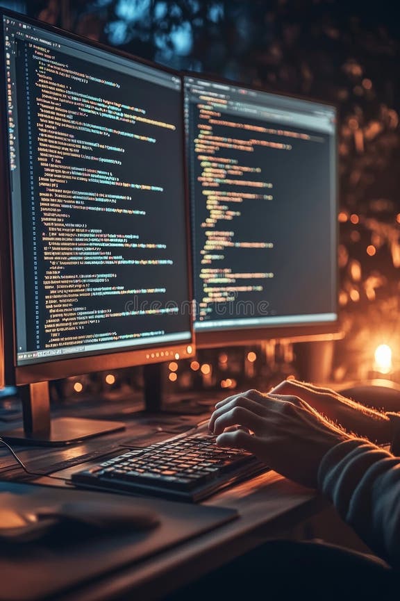 A Developer Types on a Keyboard, Surrounded by Two Monitors Displaying ...