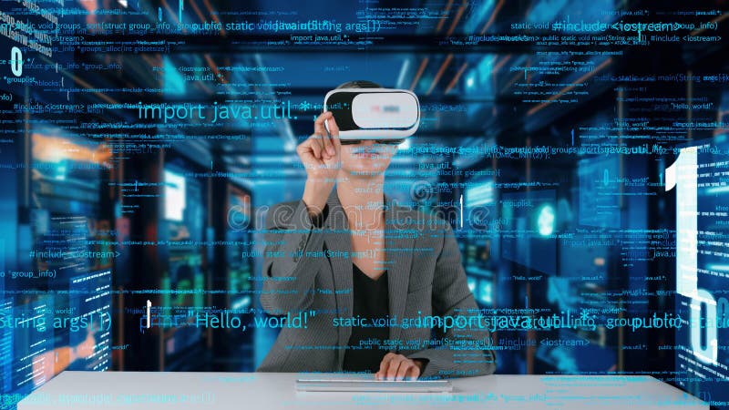 It Developer Typing Computer Code for Analyzing Intelligent by VR. Contraption. Stock Image ...