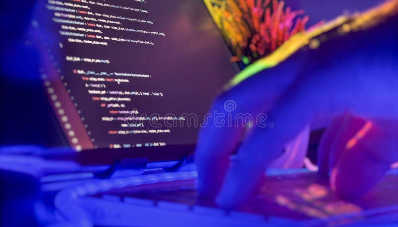 Developer Typing Python Code in Neon-lit Workspace Stock Image - Image of logic, monitor: 403558787