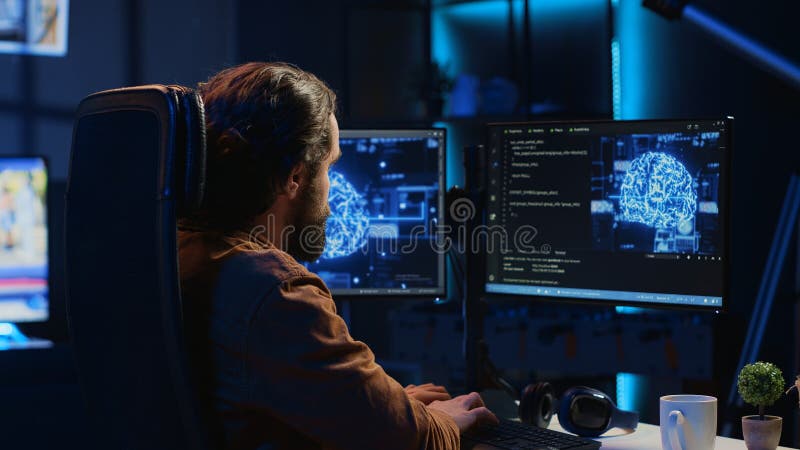 Developer Uses Computer To Update Artificial Intelligence Neural Networks Stock Image Image Of