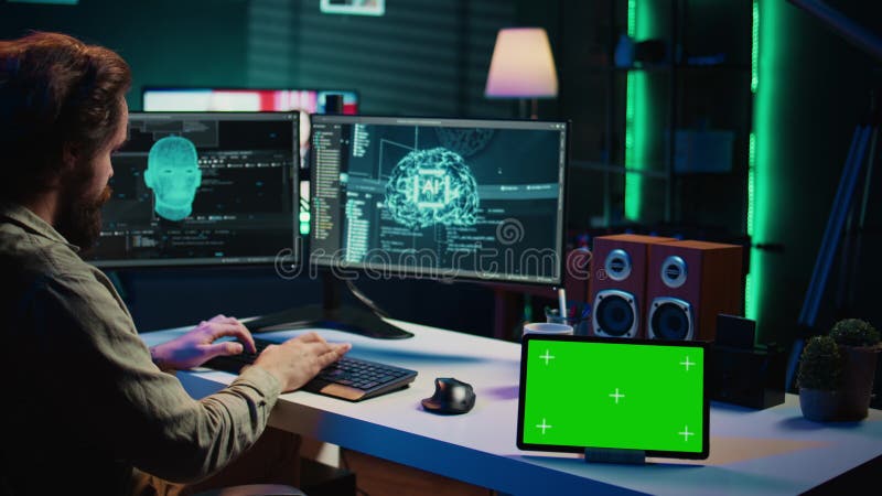 Developer Using Green Screen Tablet Updating Artificial Intelligence Stock Video - Video of ...