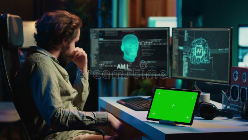 Developer Using Green Screen Tablet Updating Artificial Intelligence Stock Footage Video Of