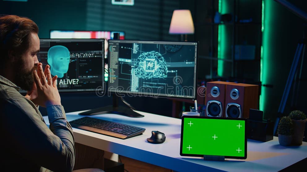 Developer Using Green Screen Tablet Updating Artificial Intelligence Stock Image Image Of