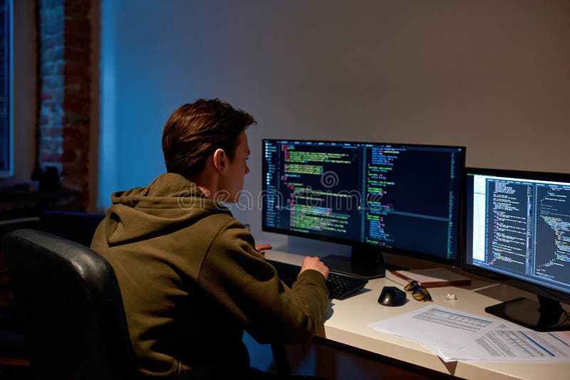It Developer Watching on Computer and Programming Stock Image - Image ...
