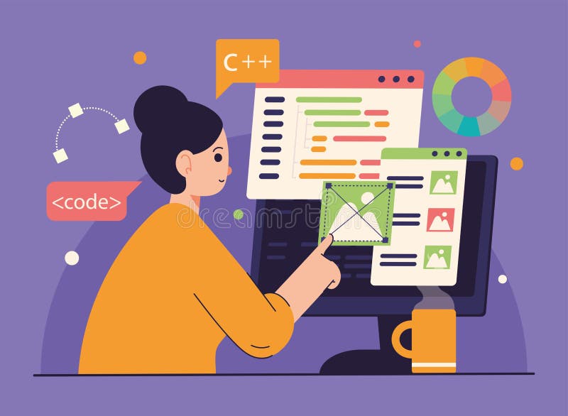 Developer woman working stock vector. Illustration of design - 258210647