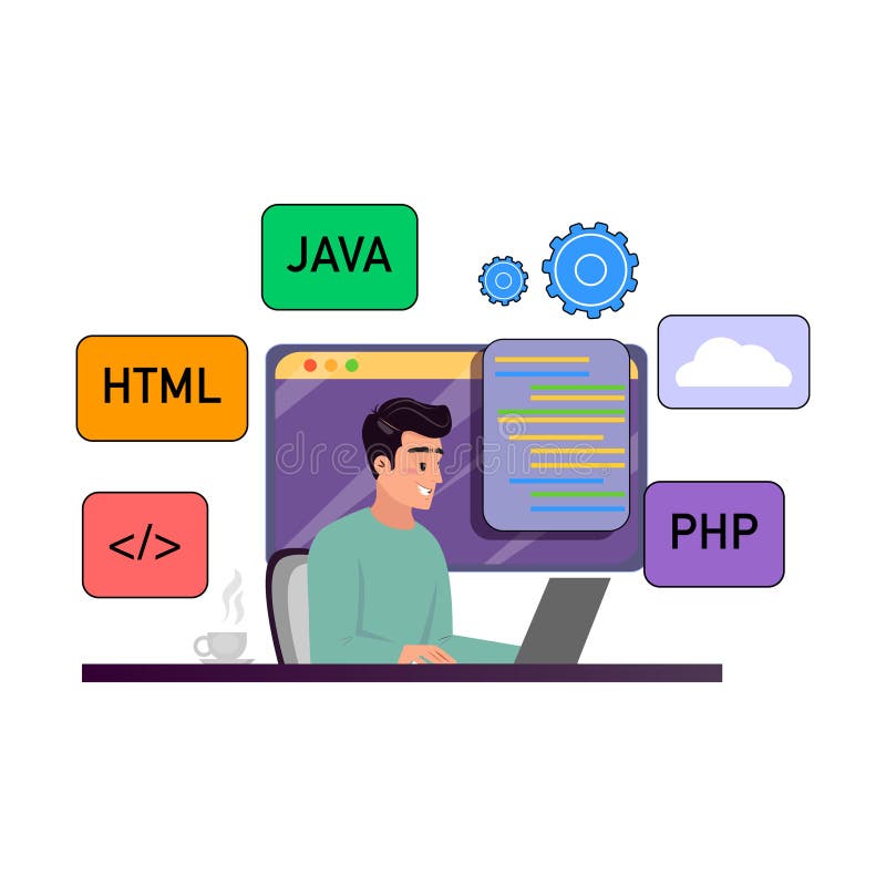 Developer Working on Laptop with Coding Symbols, Cloud Signs, and a Large Screen Behind Stock ...