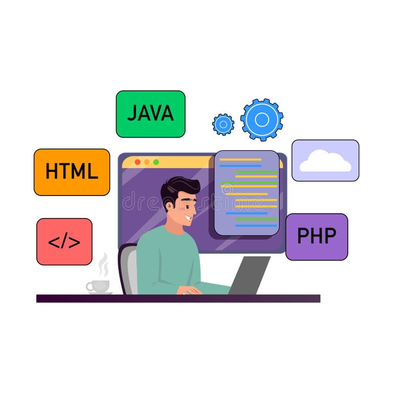 Developer Working on Laptop with Coding Symbols, Cloud Signs, and a Large Screen Behind Stock ...