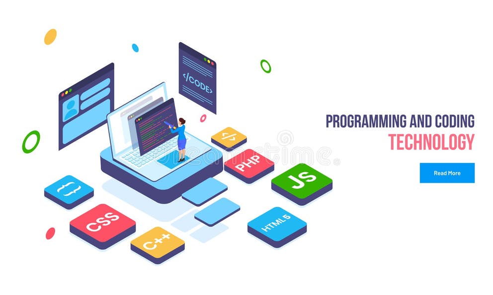 Developer Working on Laptop with Different Programming Language Stock ...