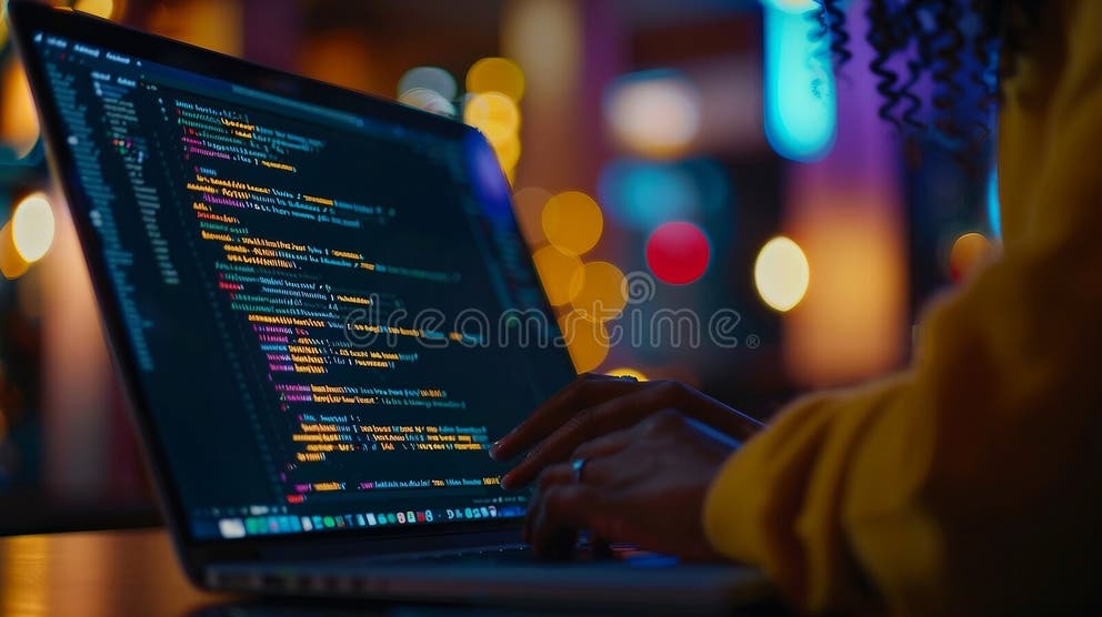 Developer Working on a Laptop, Typing Code in a Modern Workspace ...