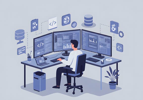 Developer Working with Multiple Monitors at Desk Stock Illustration ...