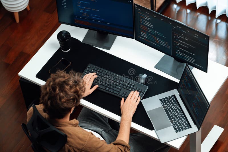 It Developer Working Online Development on Pc Monitors on Top View ... It Developer Working Online Development on Pc Monitors on Top View ...