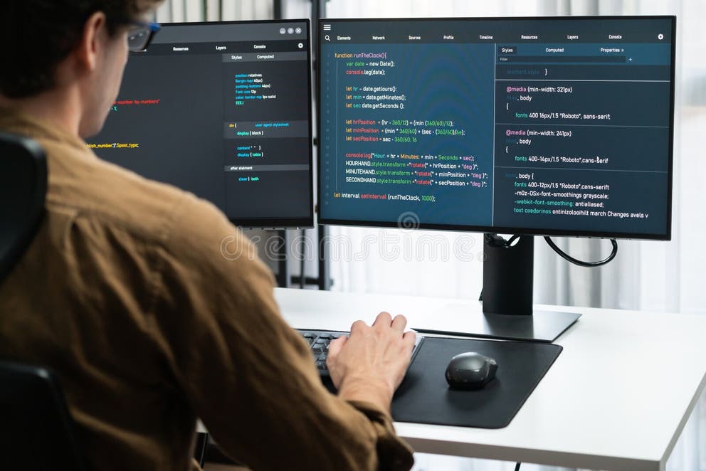 It Developer Working Online Software Development Coding on Pc Screens. Gusher. Stock Image ...