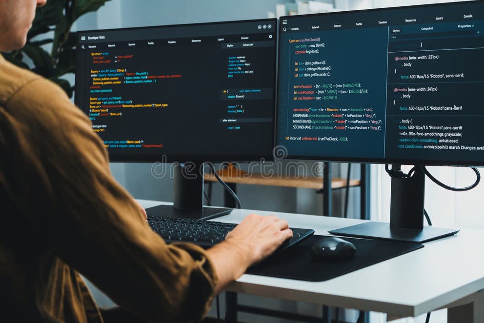 It Developer Working Online Software Development Coding on Pc Screens. Gusher. Stock Photo ...