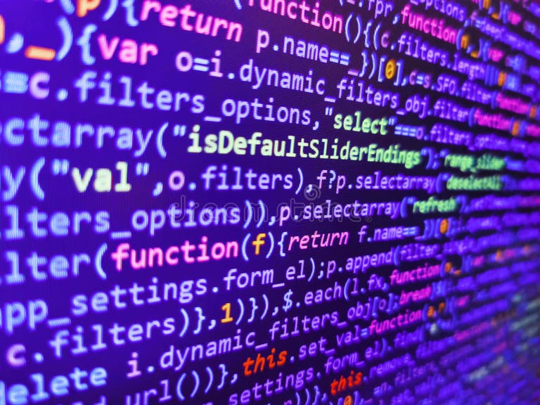Developer Working on Software Codes in Office. Web Server Data on a Monitor. Javascript Code in ...