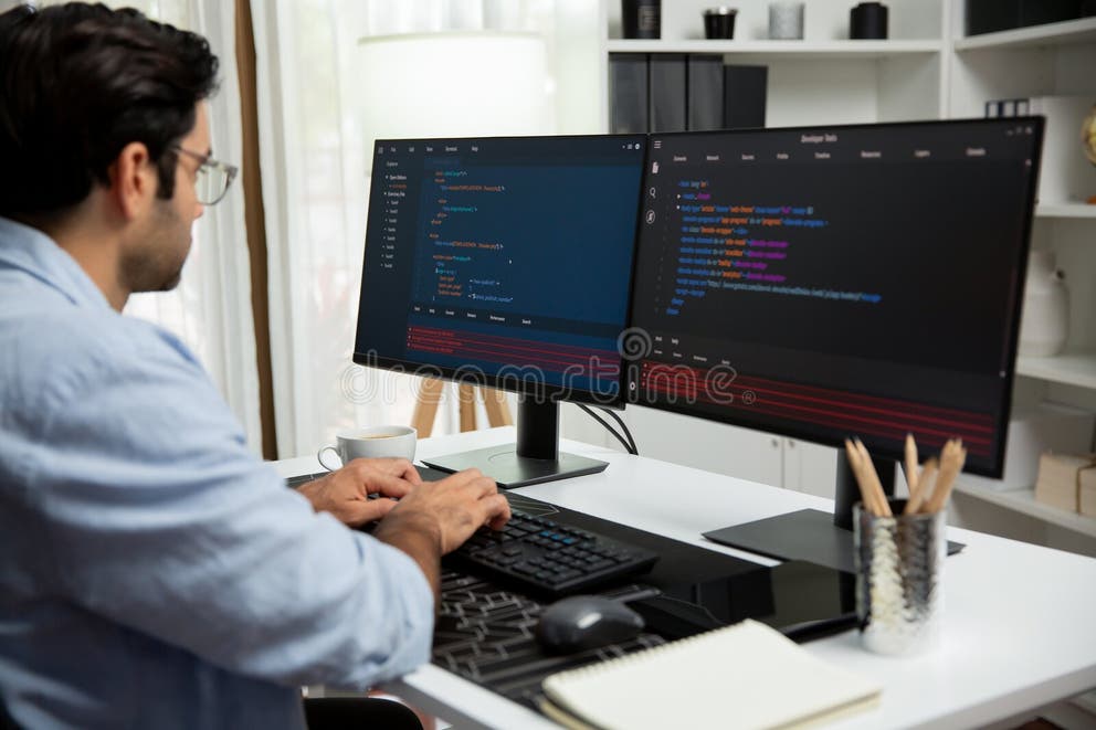 Developer Working Software Development Coding Two Computer Code Screen ...