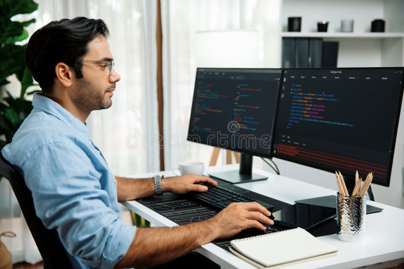 Developer Working Software Development Coding Two Computer Code Screen 4370