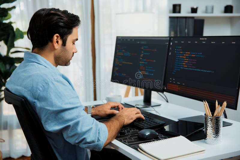 Developer Working Software Development Coding Two Computer Code Screen