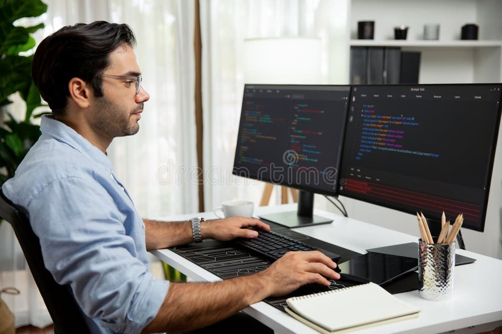 Developer Working Software Development Coding Two Computer Code Screen. Surmise. Stock Photo ...
