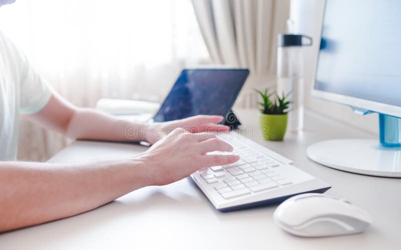 The Developer Works at the Computer, Typing, Uses the Mouse. Selective ...