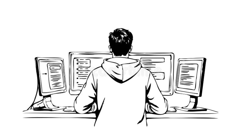 Developer Works Computers. Back View Programmer Coding. it Business ...