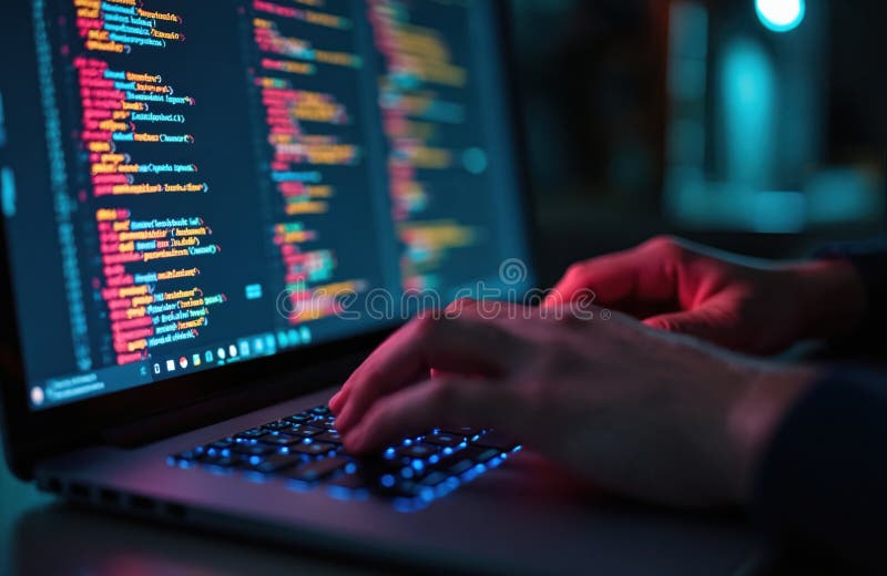 Developer Works With Program Code On Laptop Keyboard In Dark Room