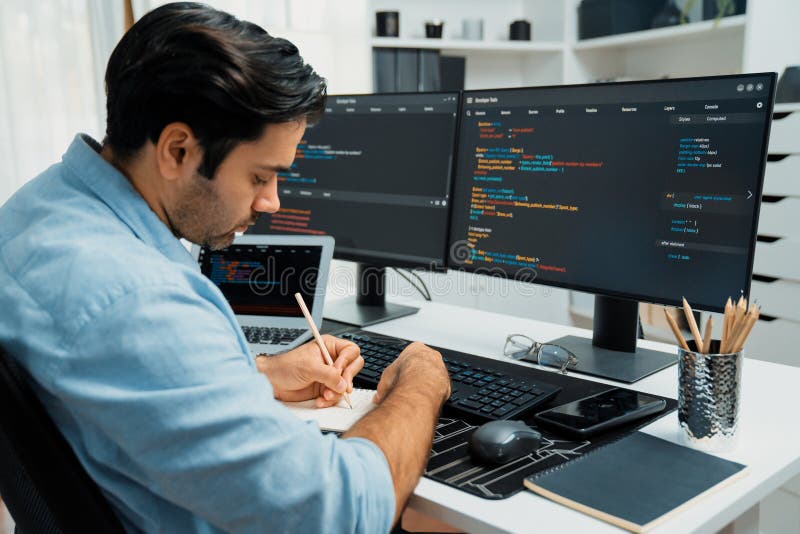 It Developer Writing Data Memo Software Development On Paper S Coding Surmise Stock Image