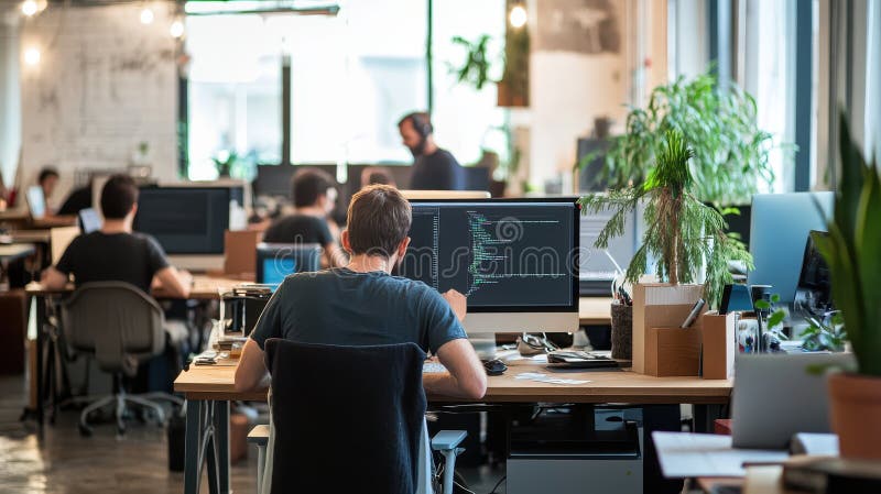 Developers Collaborating in Modern Open Office Space Environment Stock Illustration ...