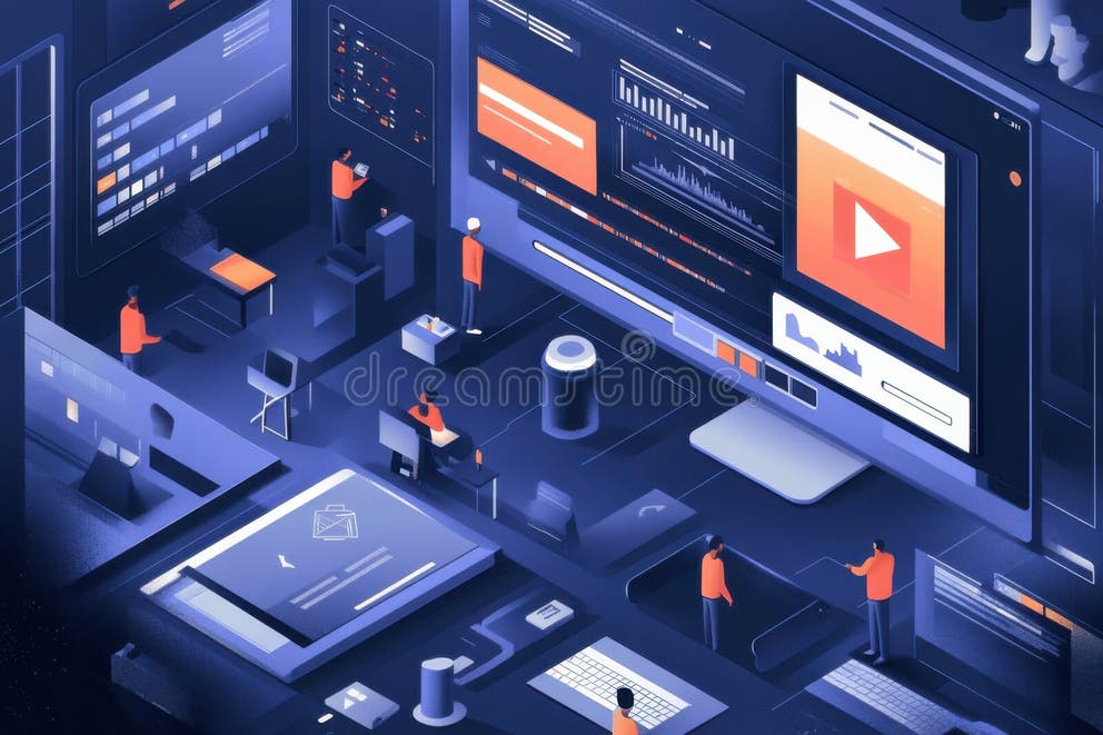 Developers Creating Mobile App in Isometric Perspective, Using Screens, Code, Data, and Video ...