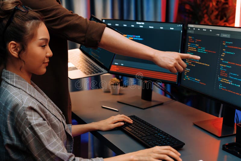 It Developers Discussing Intelligent Website with Laptop Showing Data. Infobahn. Stock Photo ...