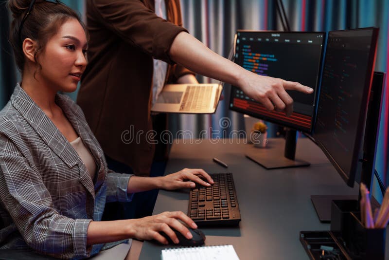 It Developers Discussing Intelligent Website with Laptop Showing Data ...
