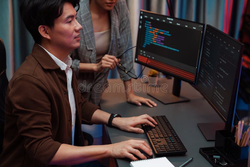 It Developers Discussing with Point Website Coding System. Infobahn. Stock Photo - Image of ...
