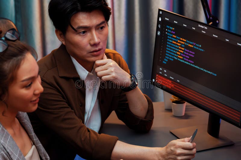It Developers Discussing with Point Website Coding System. Infobahn. Stock Image - Image of ...