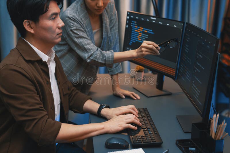 It Developers Discussing with Point Website Coding System. Infobahn. Stock Image - Image of ...