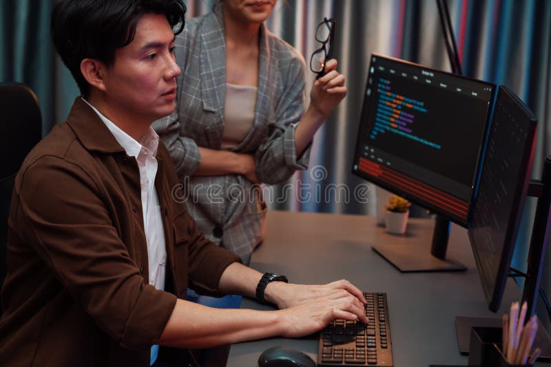 It Developers Discussing with Point Website Coding System. Infobahn. Stock Photo - Image of neon ...