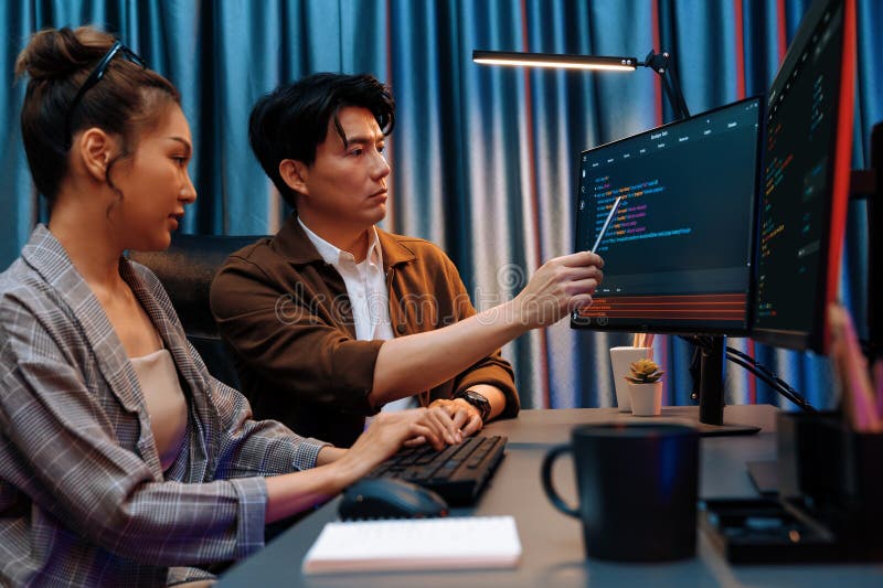 It Developers Discussing with Point Website Coding System. Infobahn. Stock Photo - Image of java ...