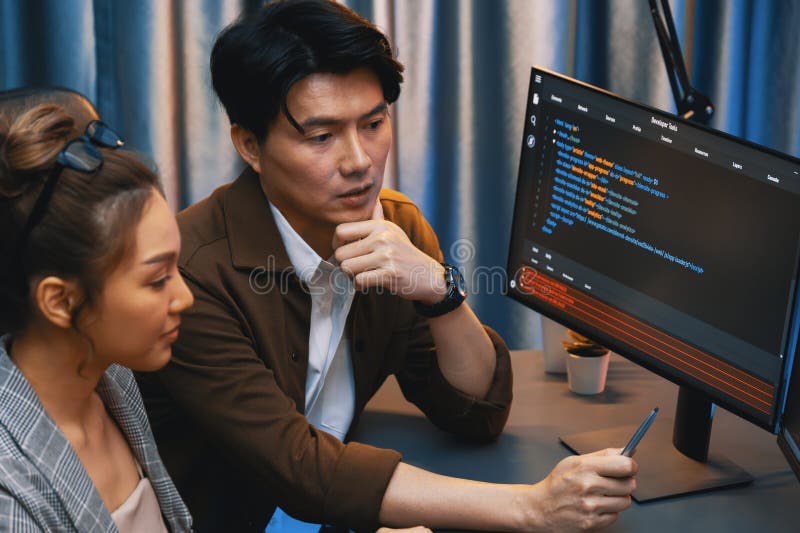 It Developers Discussing with Point Website Coding System. Infobahn. Stock Photo - Image of ...
