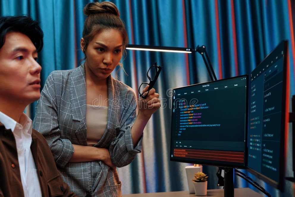 It Developers Discussing with Point Website Coding System. Infobahn. Stock Image - Image of ...