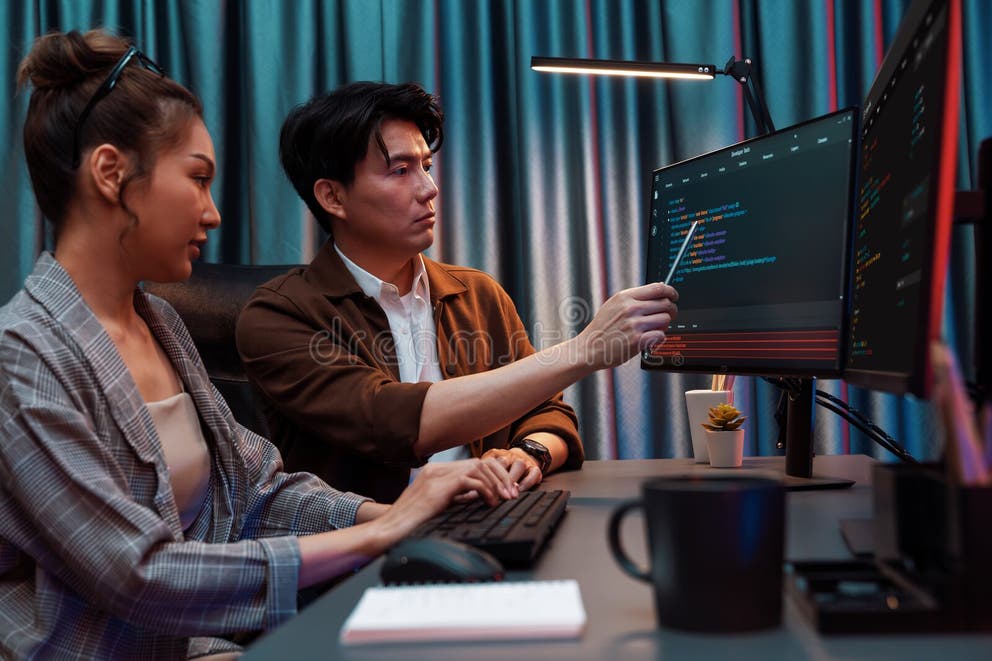It Developers Discussing with Point Website Coding System. Infobahn. Stock Photo - Image of ...