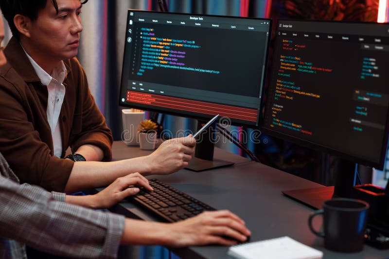 It Developers Discussing with Point Website Coding System. Infobahn. Stock Photo - Image of ...